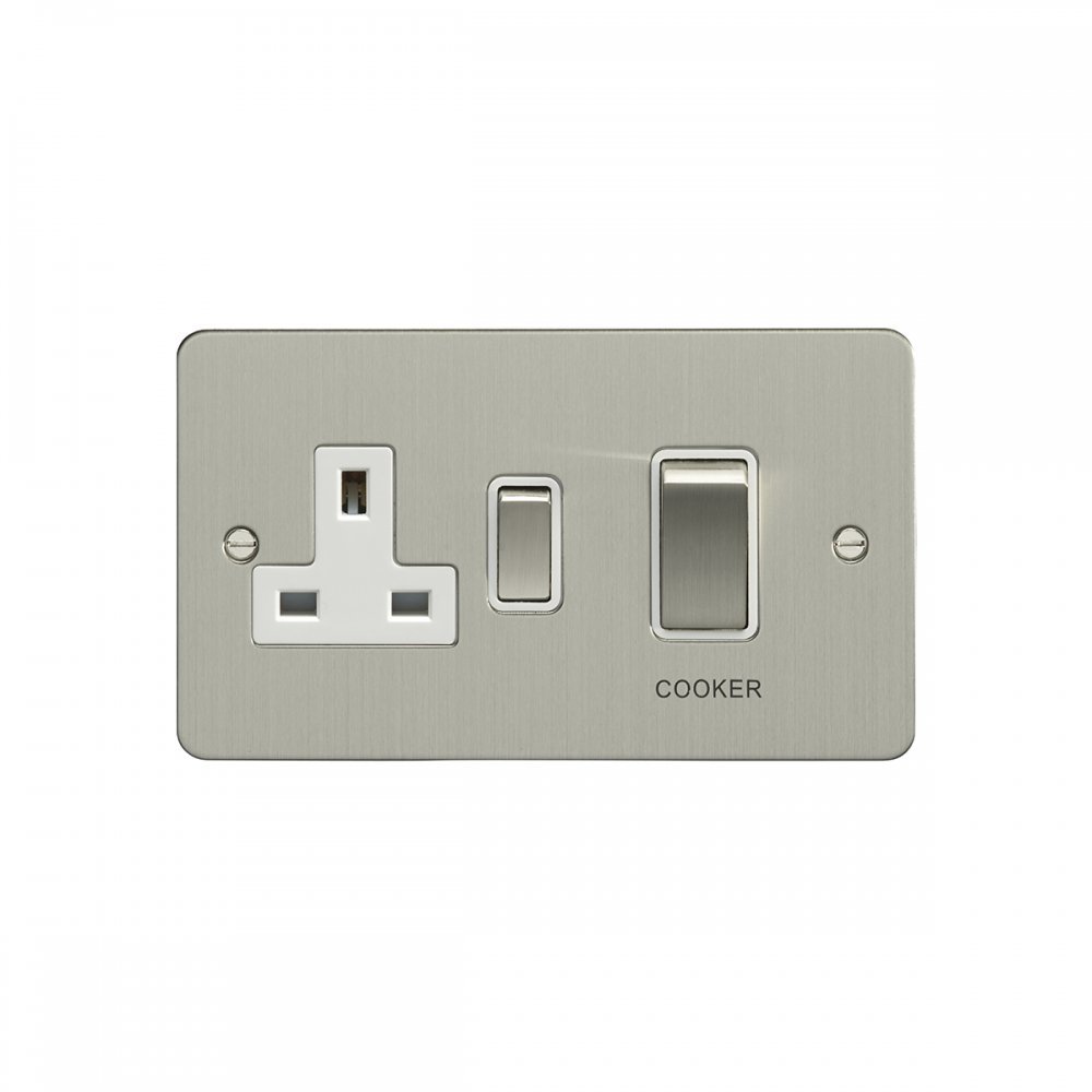 45A 2 Gang DP Cooker Switch & Socket - Satin Stainless Steel/White