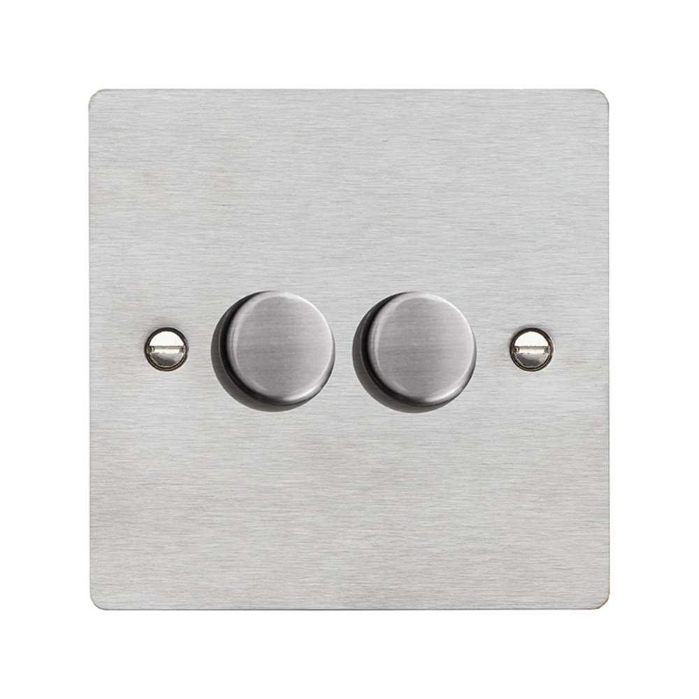 100W LED 2 Way Push On/Off Rotary Dimmer Switch, 2 Gang, Satin Steel
