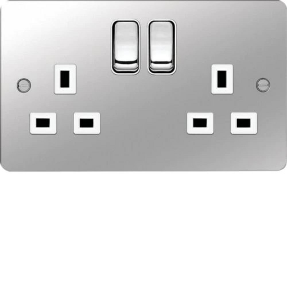 Double Pole Switched Socket Dual Earth, 2 Gang, Polished Steel