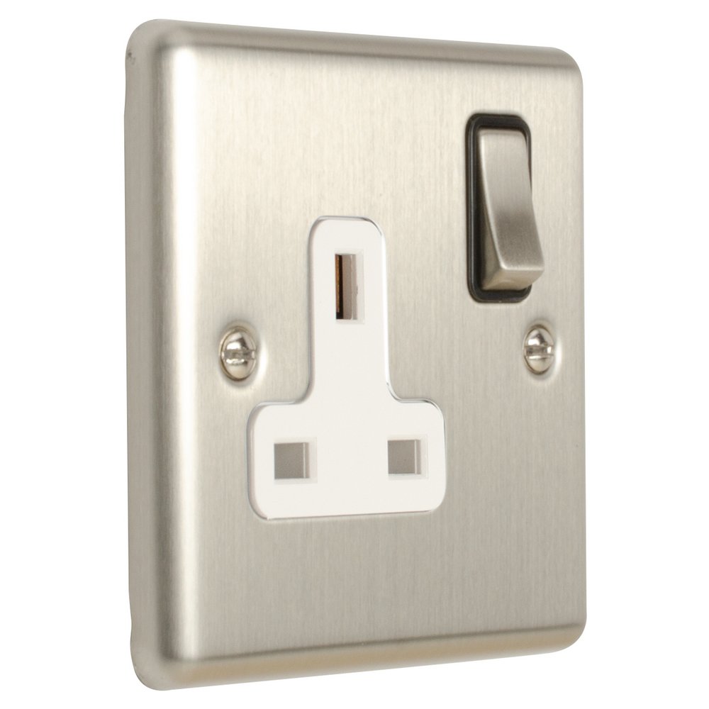 13A 1 Gang DP Switched Socket - Satin Stainless/White Trim