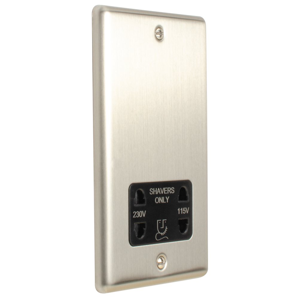 2 Gang Dual Voltage Shaver Socket - Satin Stainless/Black