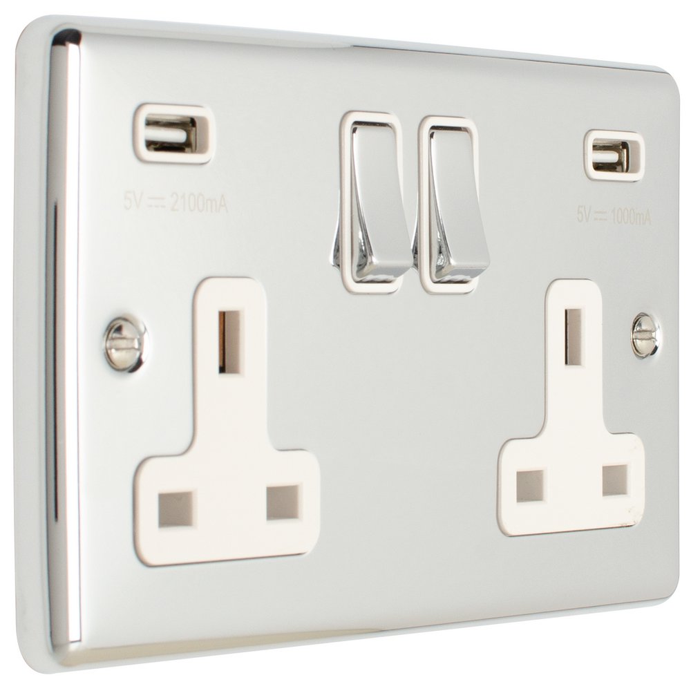 13A 2 Gang Switched Socket with USB - Polished Chrome/White