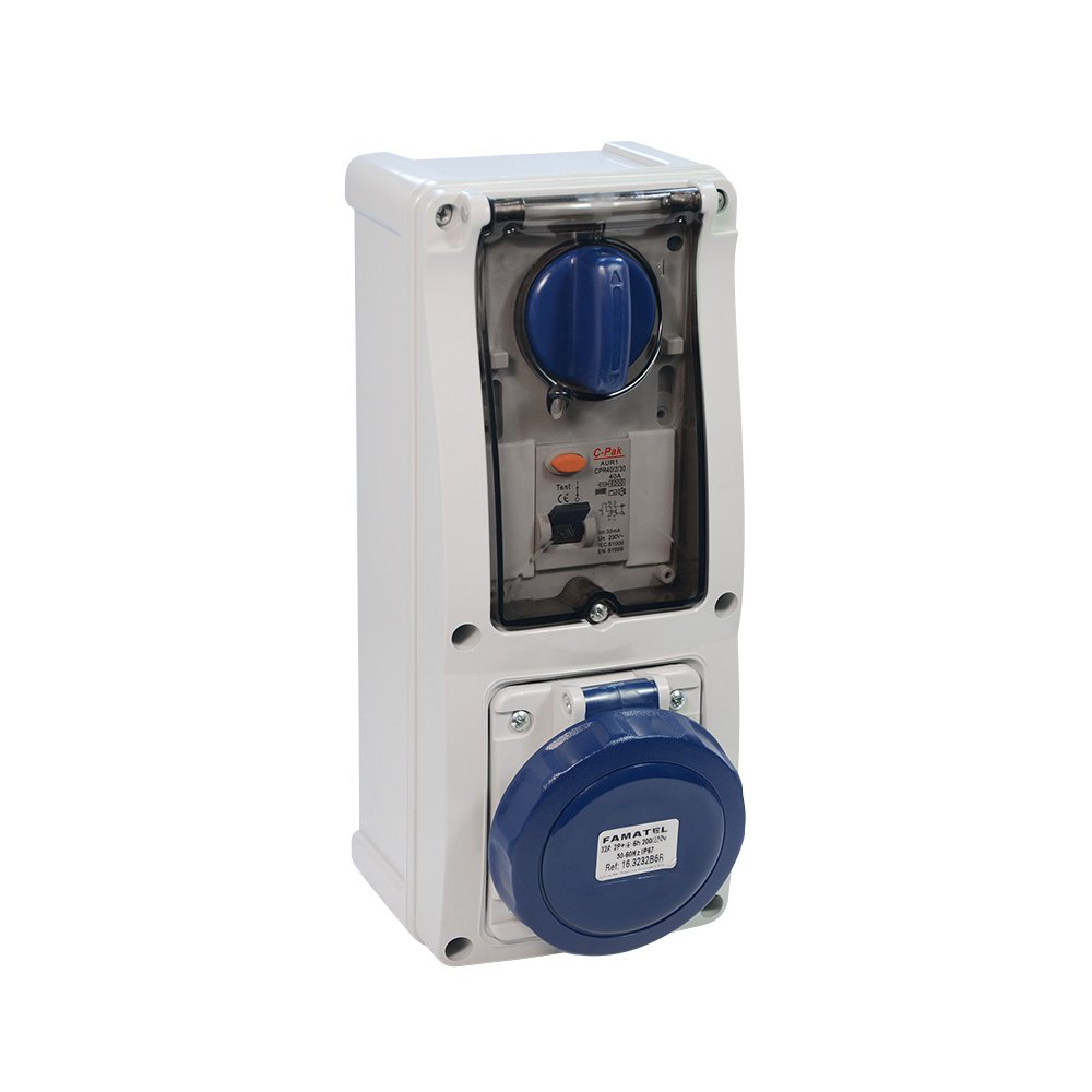 32A Switched Interlocked Socket with RCD, 240V, 2P+E, IP67, Blue