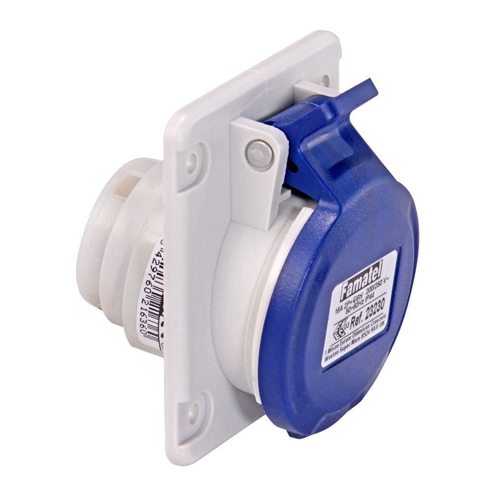 32A Angled Panel Socket, 240V, 2P+E, IP44, Blue