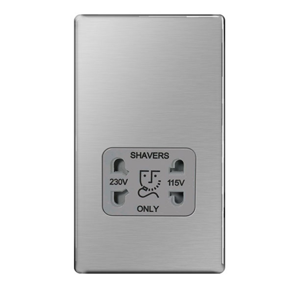 115V/230V Dual Voltage Shaver Socket, 2 Gang, Brushed Steel
