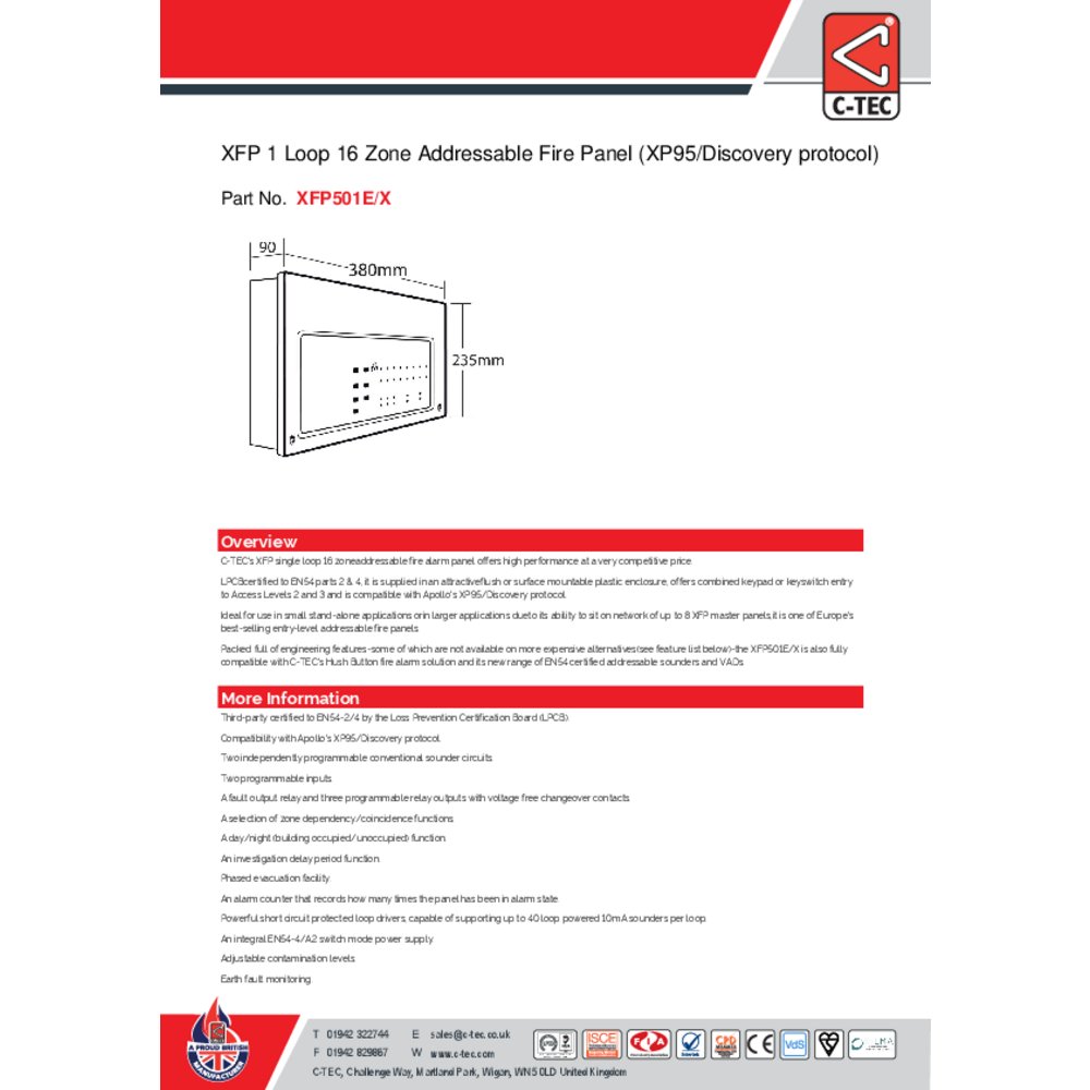16 Zone Addressable Fire Panel, XP95 / Discovery Protocol