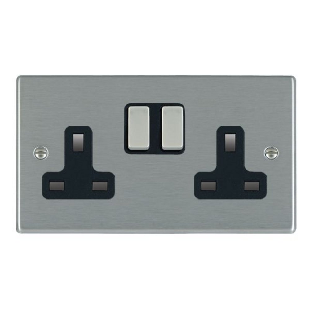 13A Double Pole Switched Socket, 2 Gang, Satin Steel, Black