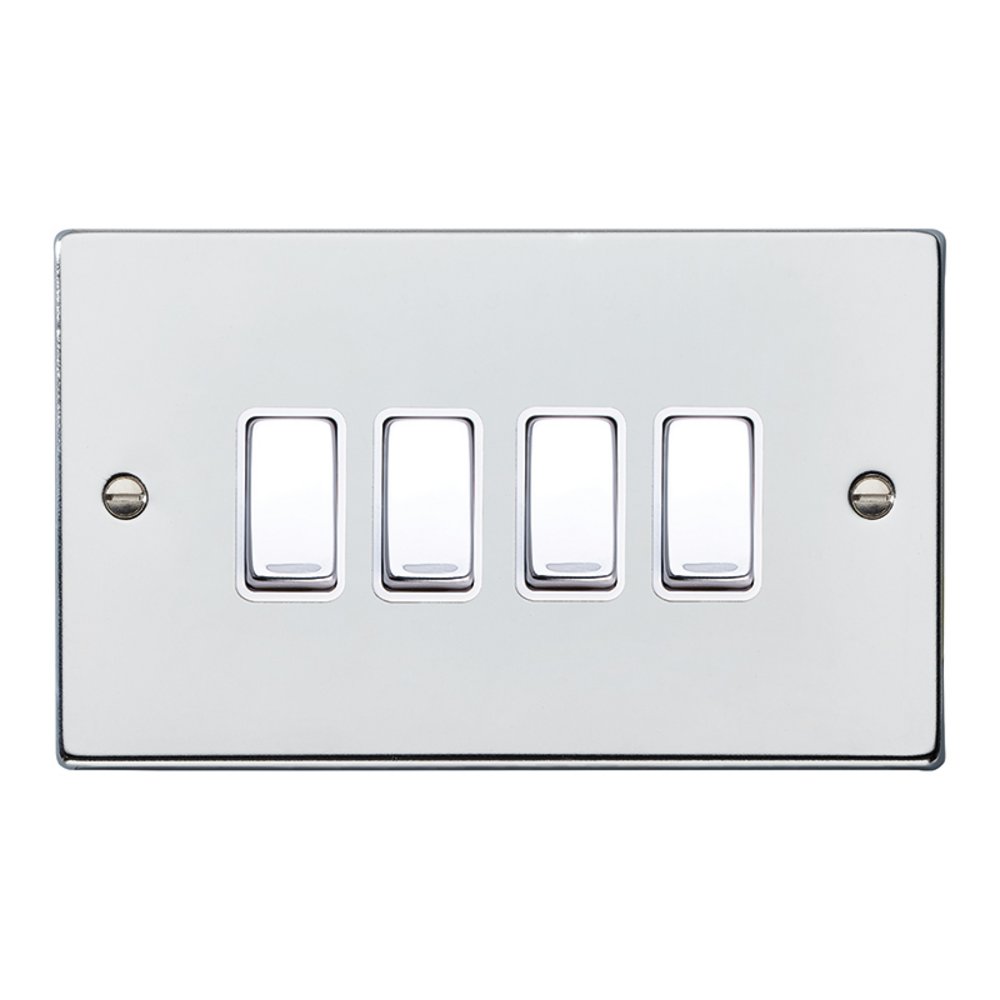 10AX 2 Way Rocker Switch, 4 Gang, Bright Chrome, White