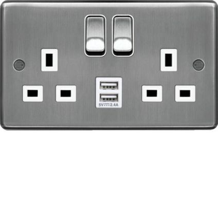 WRSS82BSW-USBS Hager 13A Double Pole Switched Socket with USB Ports, 2 ...