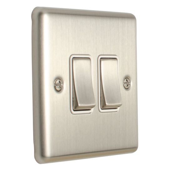 10A 2 Gang 2 Way Switch - Satin Stainless/White