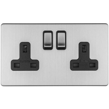 13A Double Pole Switched Socket, 2 Gang, Satin Stainless Steel, Black ...