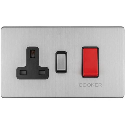 45A Double Pole Switch and Socket, 2 Gang, Stainless Steel, Black Trim ...