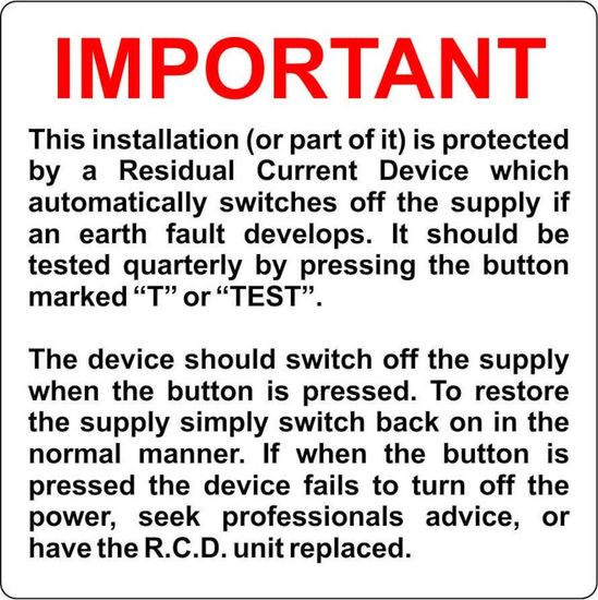 Important RCD Test Label - (Pack of 5 SAV) 75 x 75mm
