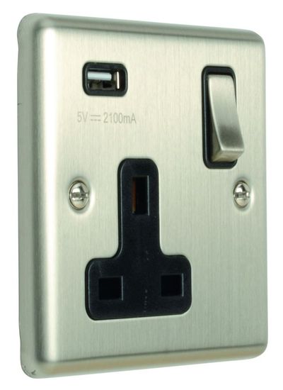 13A 1 Gang Switched Socket with USB - Satin Stainless/Black