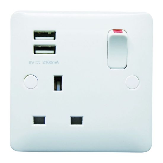 1 Gang 13A Switched Socket White With Dual USB Charger (2.1mA) 1 Gang 13A Switched Socket White With Dual USB Charger (2.1mA)