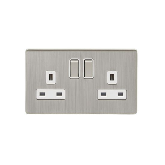 Screwless 13A 2 Gang DP Switched Socket - Satin Nickel/White Screwless 13A 2 Gang DP Switched Socket - Satin Nickel/White